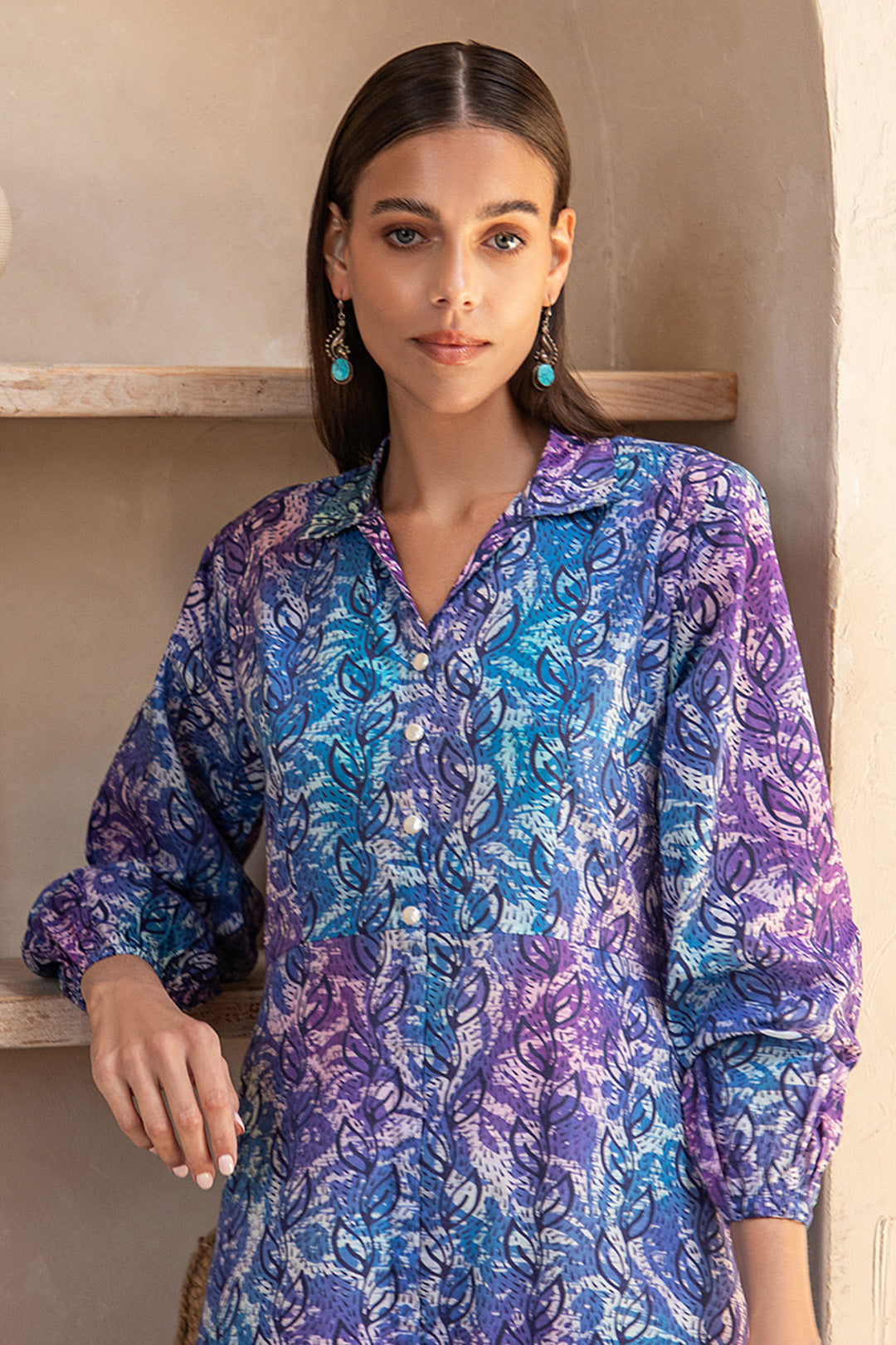 1 Piece Blue Lawn Long Tunic Dress - Ready to Wear - Zellbury