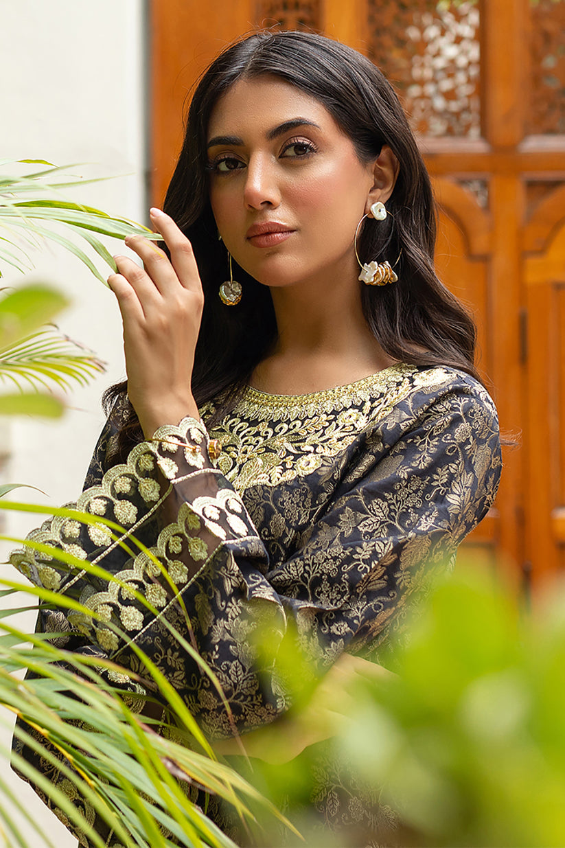 2 Piece Black Jacquard Embroidered Kurta Trouser - Ready to Wear - Zellbury